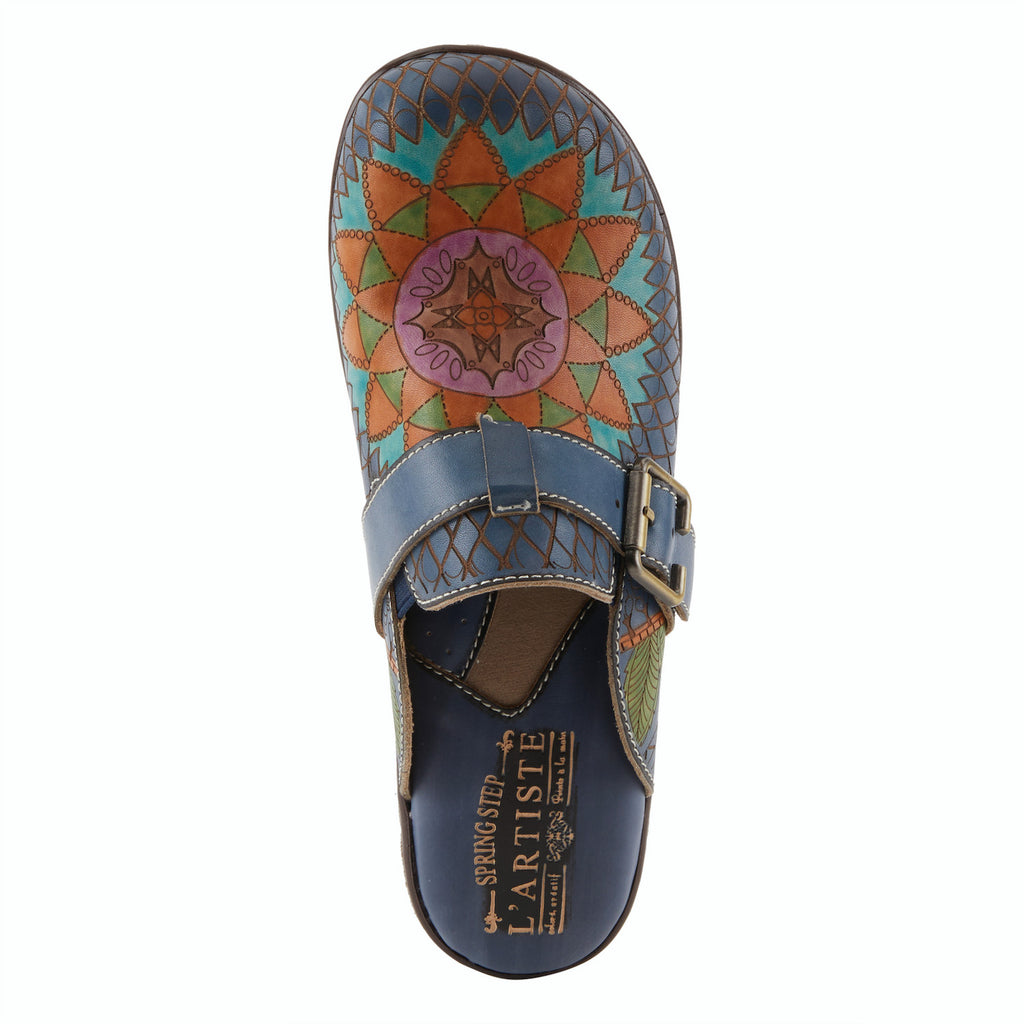 Lucille Laser Cut Clog in Blue Multi – Tenni Moc's Shoe Store