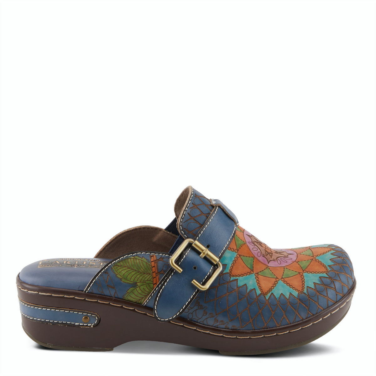 Lucille Laser Cut Clog in Blue Multi – Tenni Moc's Shoe Store